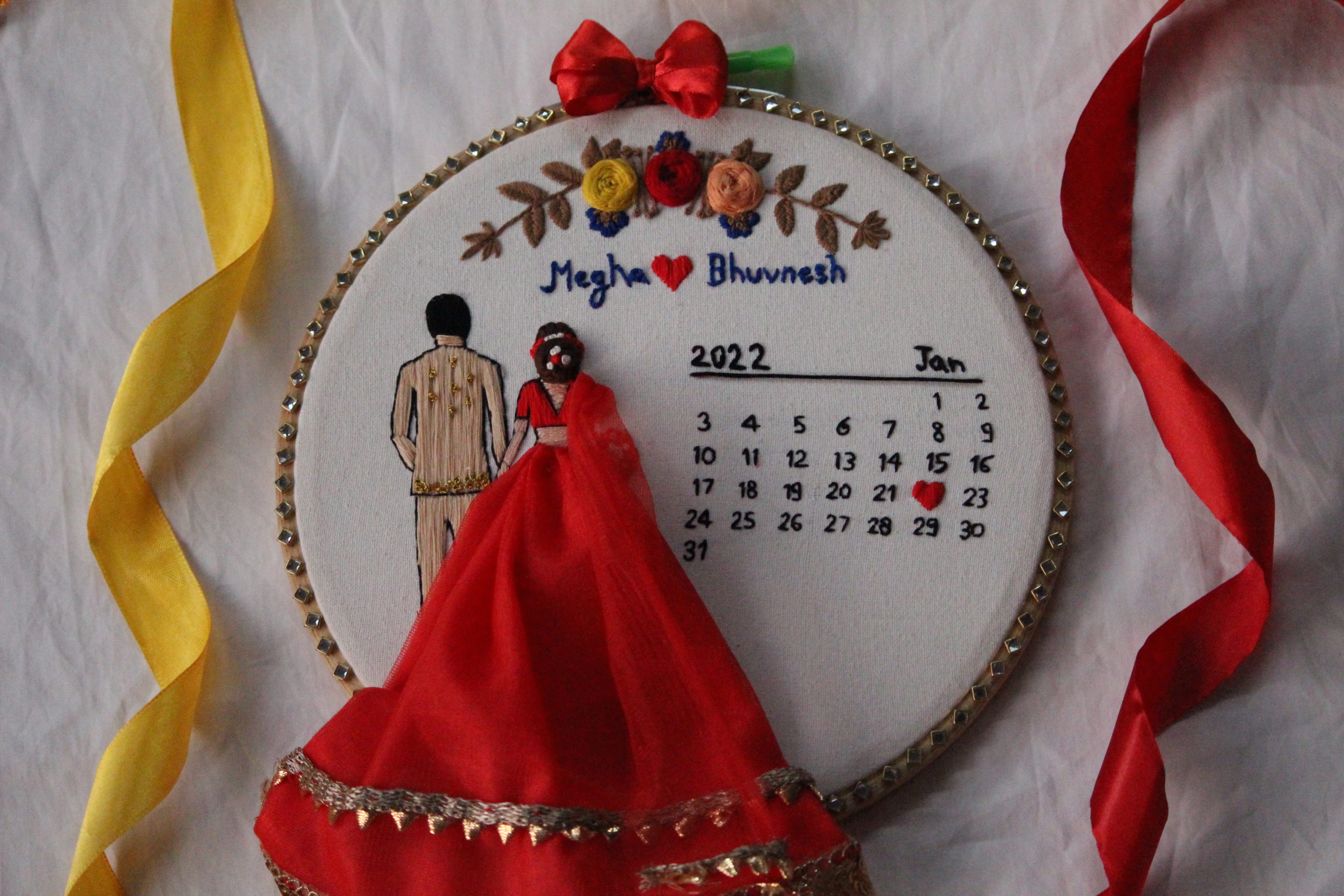 Customizable Bride & Groom Calendar Embroidered Hoop